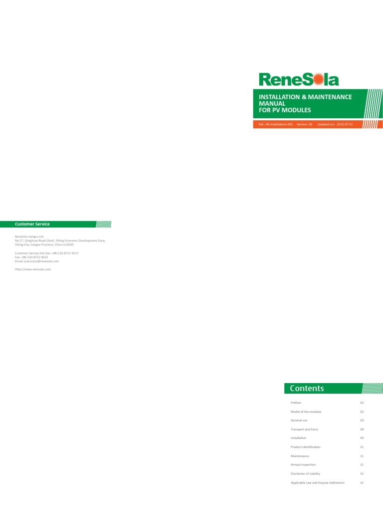 Renesola Installation Manual | PDF | Photovoltaics | Trademark