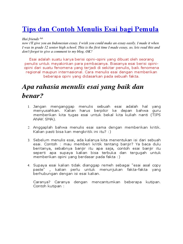 Tips Dan Contoh Menulis Esai Bagi Pemula | PDF