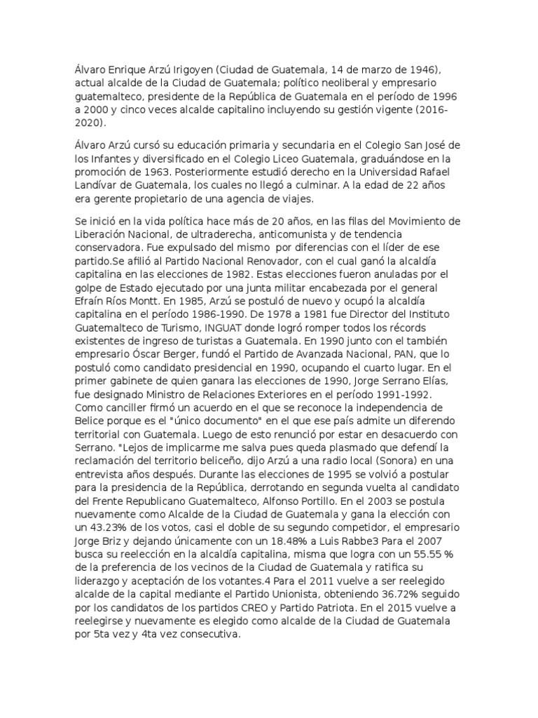 Biografía de Álvaro Arzú Irigoyen | PDF | Gobierno | Política (general)