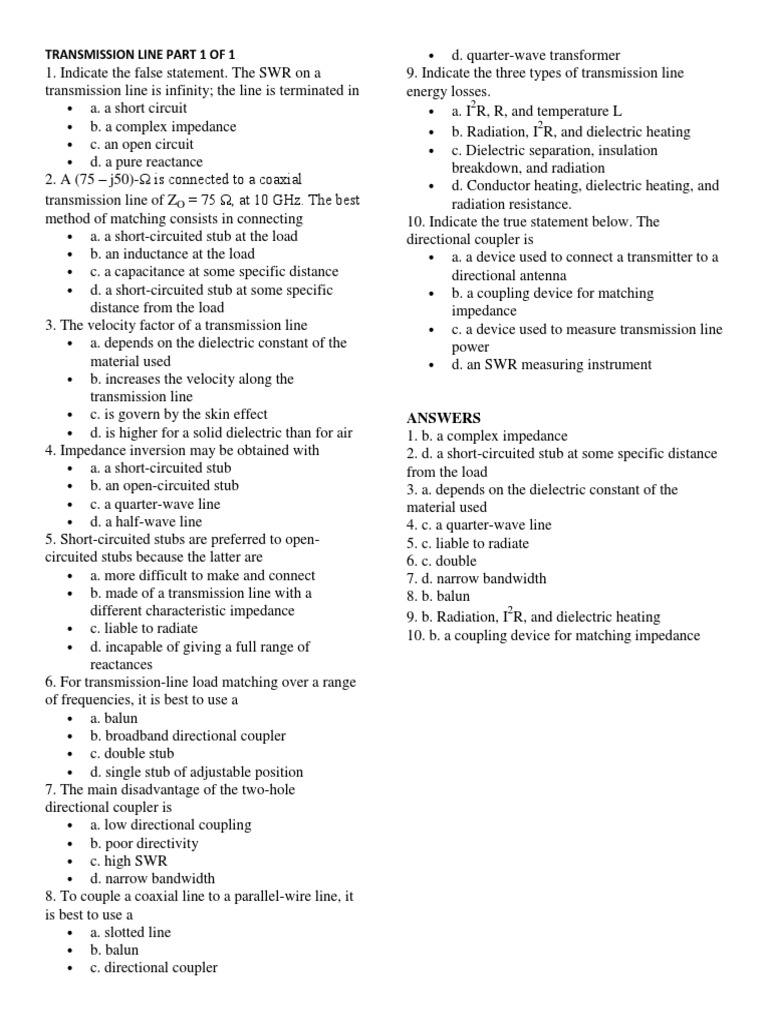 Transmission Line Quiz with Answers | PDF | Transmission Line ...
