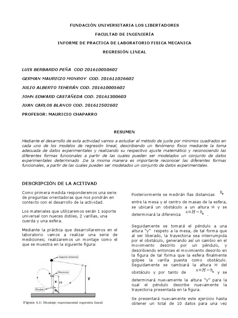 Laboratorio Fisica Mecanica II | PDF | Regresión lineal | Análisis de regresión
