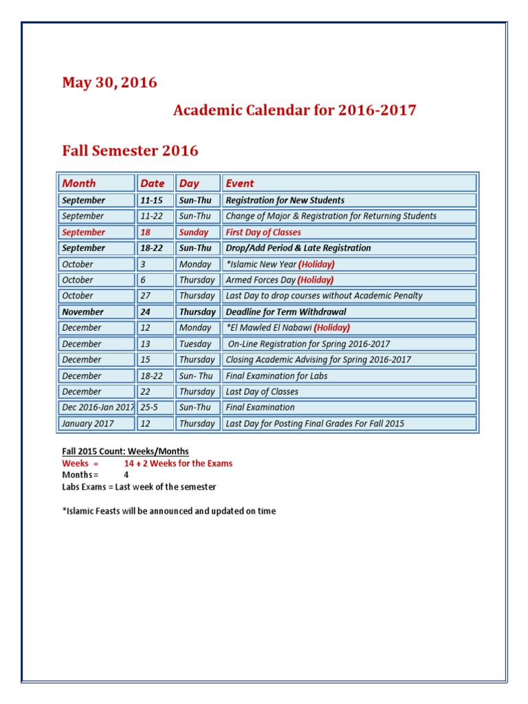 May 30, 2016 Academic Calendar For 2016-2017 Fall Semester 2016 | PDF ...