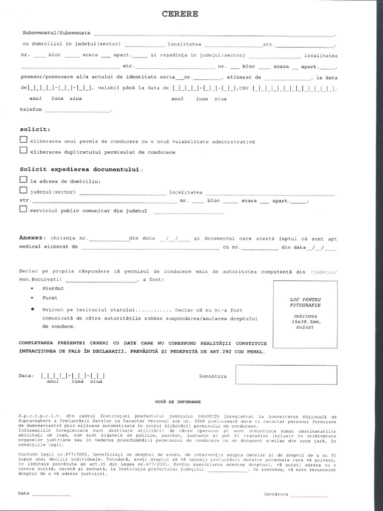 Cerere Preschimbare Permis de Conducere Romanesc PDF | PDF