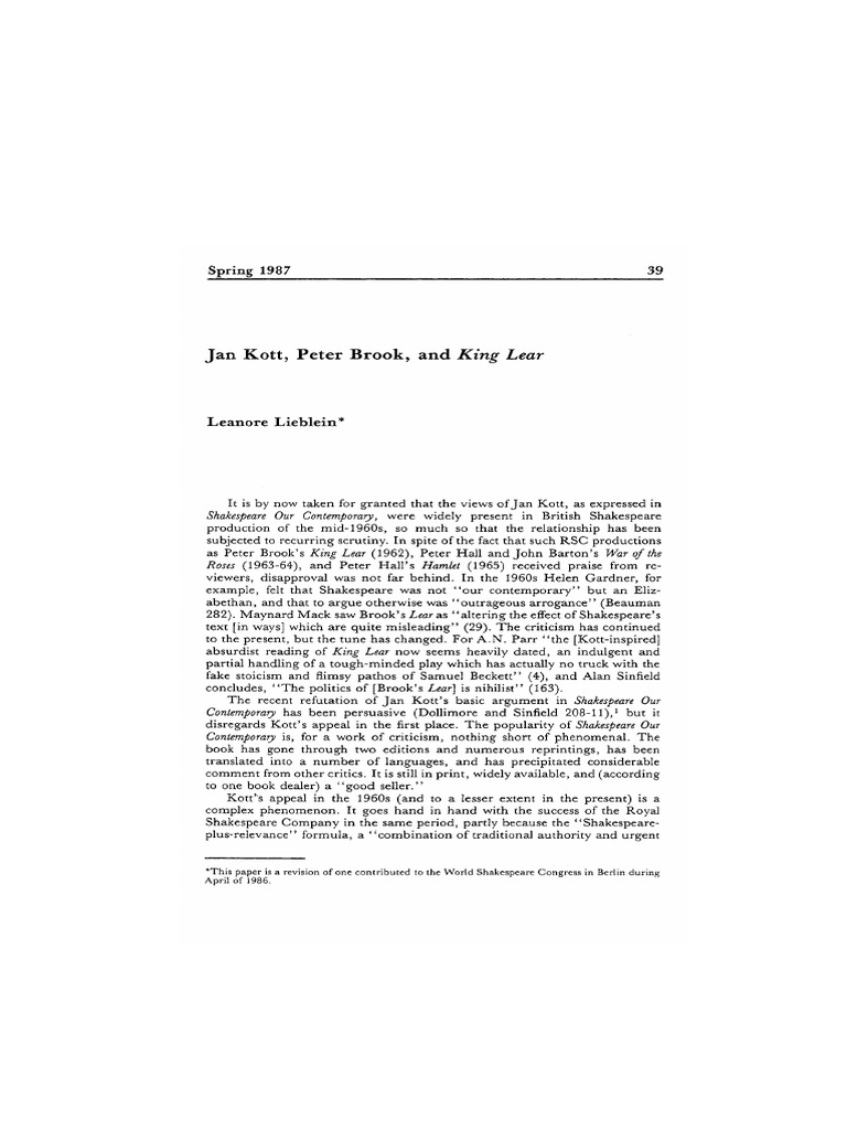 Jan Kott, Peter Brook, and King Lear | PDF | King Lear | William Shakespeare