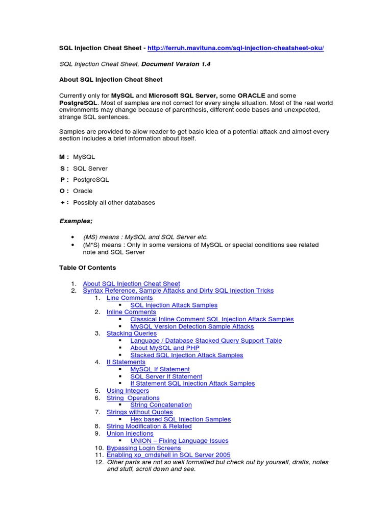 SQL Injection Cheat Sheet, Document Version 1.4: Examples | PDF | Sql ...