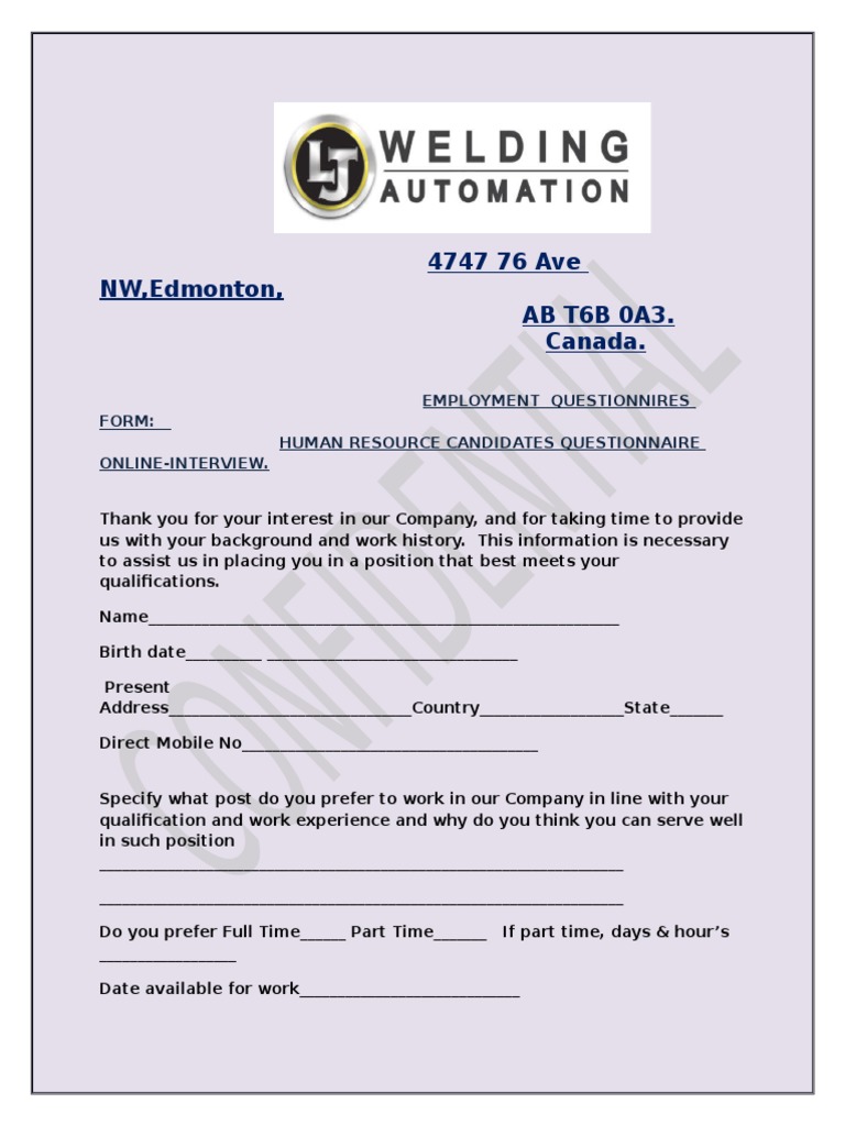 LJ Welding Automation Questionnaire. | PDF | Employment | Business
