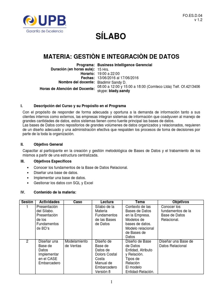 Silabo Gestion e Integracion de Datos | PDF | Base de datos relacional | Bases de datos