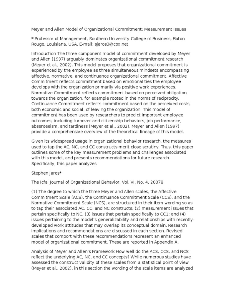 Meyer and Allen Model of Organizational Commitment | PDF | Validity ...