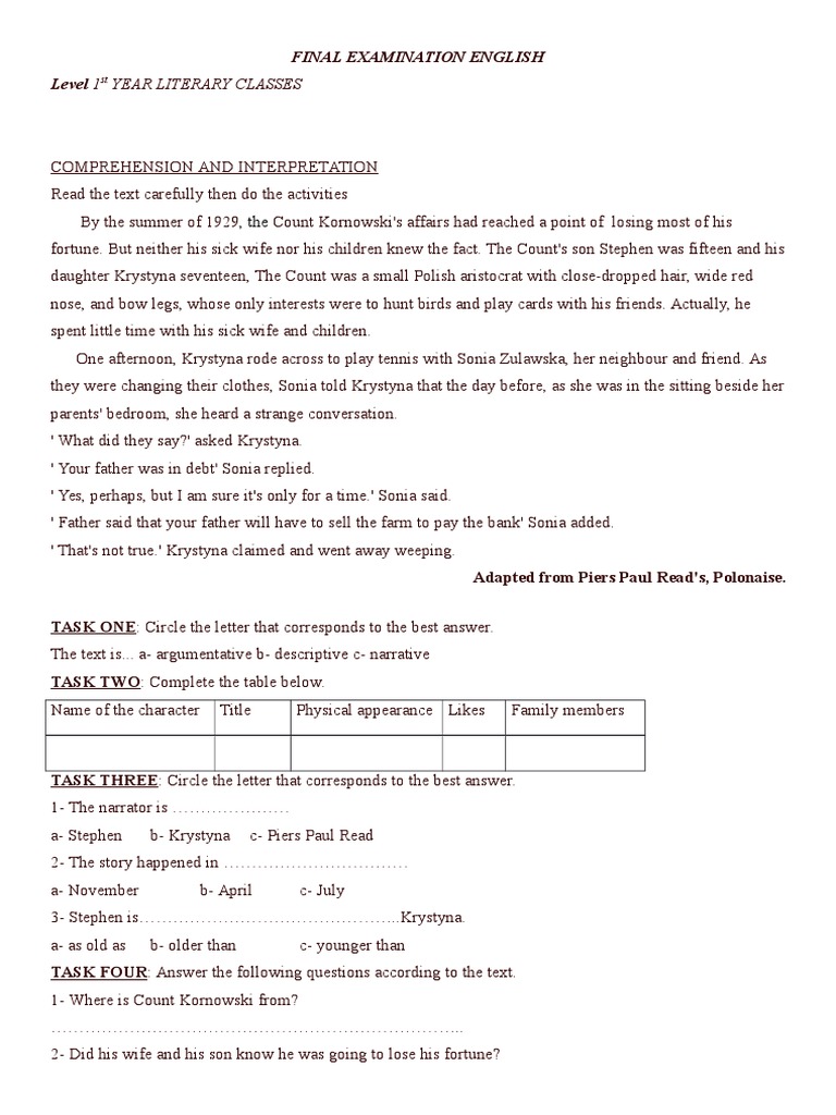 Year Literary Classes: Final Examination English Level 1 | PDF
