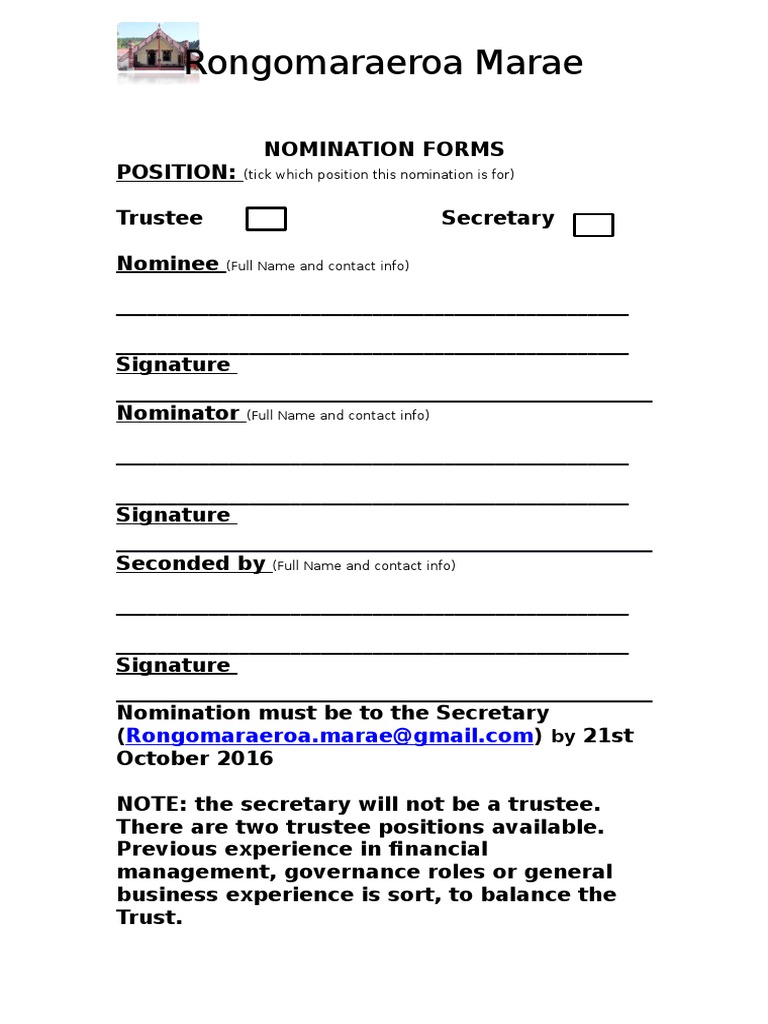 Trustee or Secretary Nomination Form | Trustee | Social Institutions