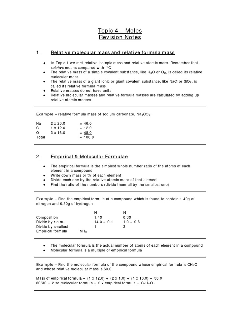 Topic 4 - Moles Revision Notes: 1. Relative Molecular Mass and Relative ...