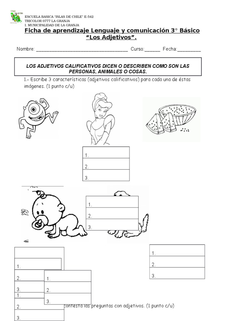 Guía Los Adjetivos 3°bsico | PDF