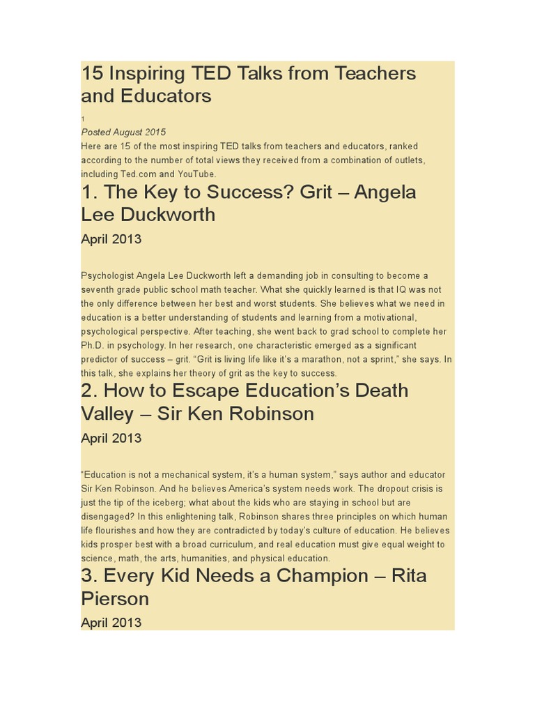 15 Inspiring TED Talks From Teachers and Educators | PDF | Malala ...