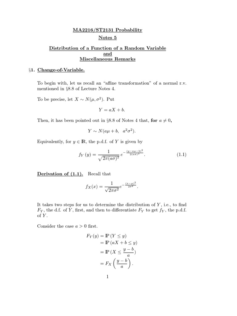MA2216/ST2131 Probability Notes 5 Distribution of A Function of A ...
