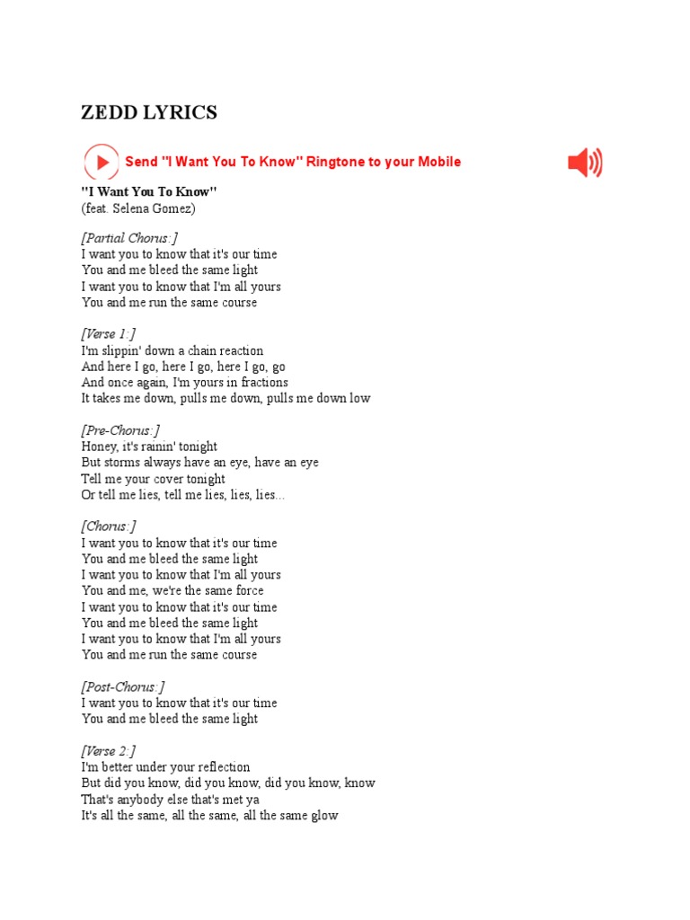 Zedd Lyrics: Send "I Want You To Know" Ringtone To Your Mobile | PDF