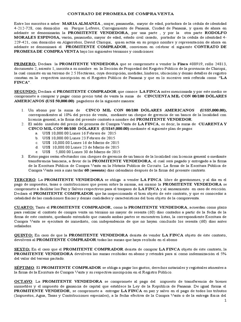 CONTRATO DE PROMESA COMPRA VENTA Version Panama | PDF