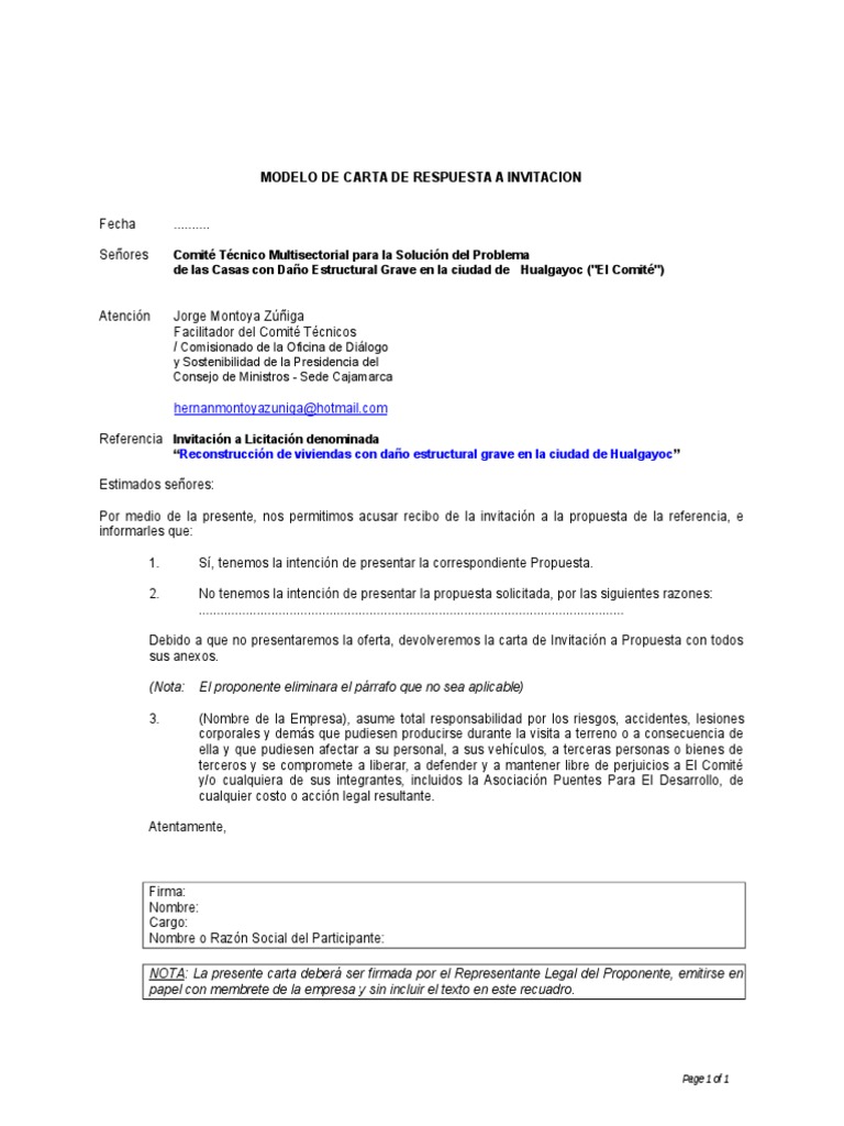 Modelo de carta de respuesta a invitación | PDF