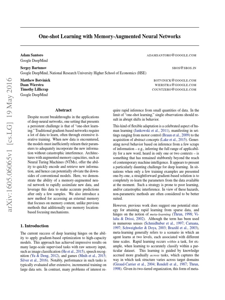 One-Shot Learning With Memory-Augmented Neural Networks | PDF | Deep Learning | Memory
