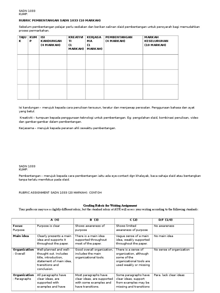Rubric Pembentangan SADN 1033 | PDF | Grammar | Punctuation