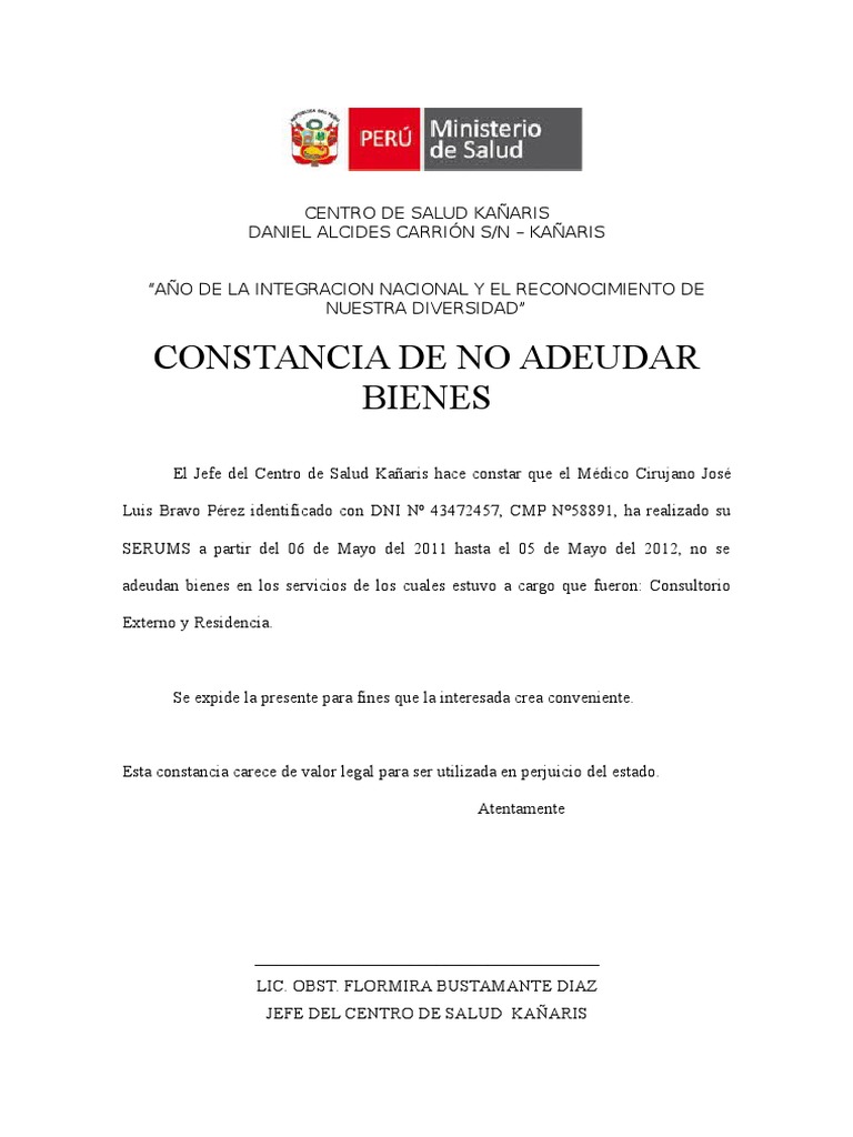 Constancia de No Adeudar Bienes | PDF