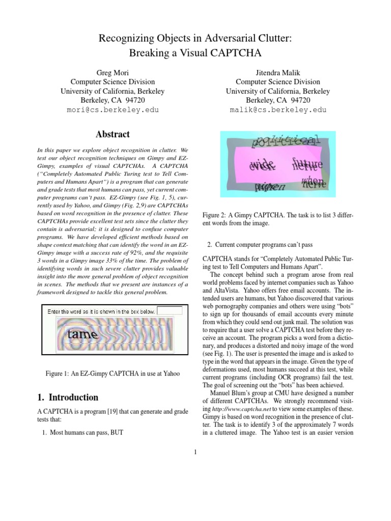 Recognizing Objects in Adversarial Clutter: Breaking A Visual CAPTCHA | PDF | Artificial ...