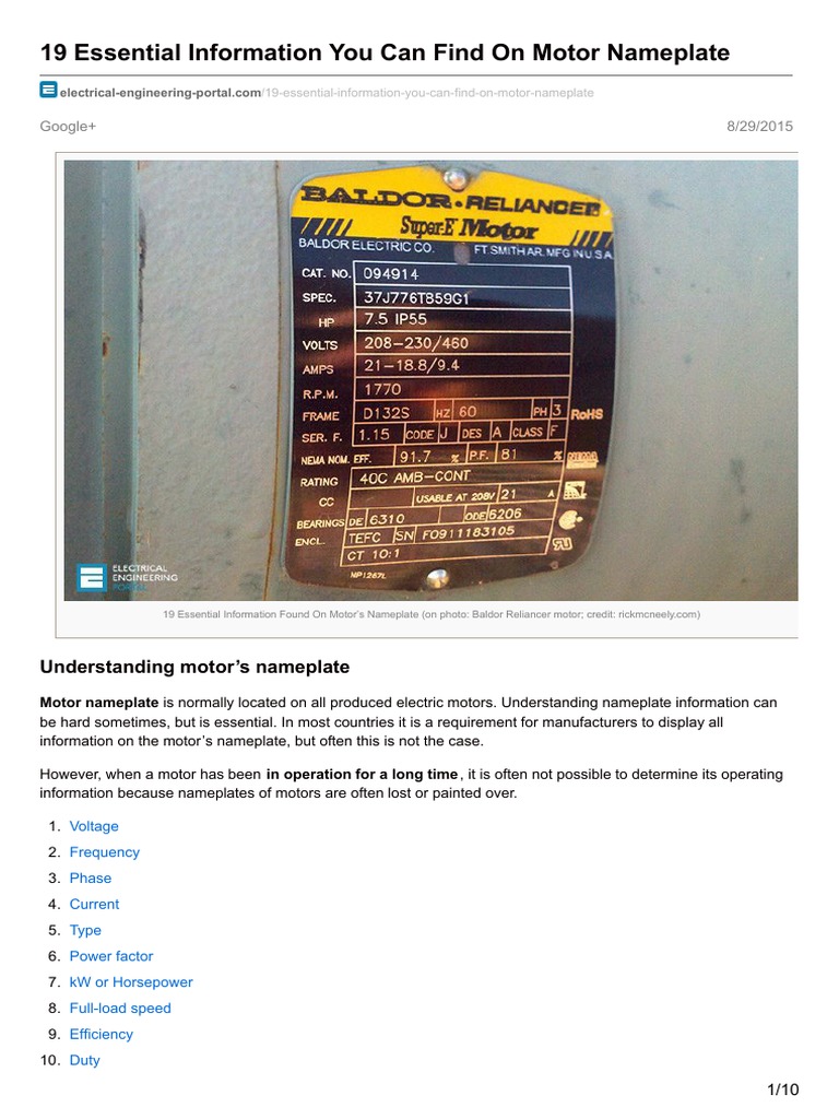 Key Details on Motor Nameplates | PDF | Horsepower | Engineering