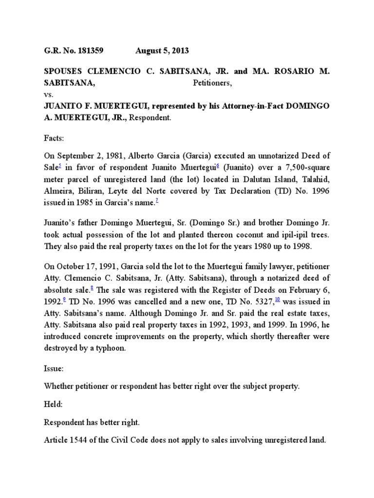 Sabitsana vs. Muertegui - Quieting of Title and Double Sale | PDF