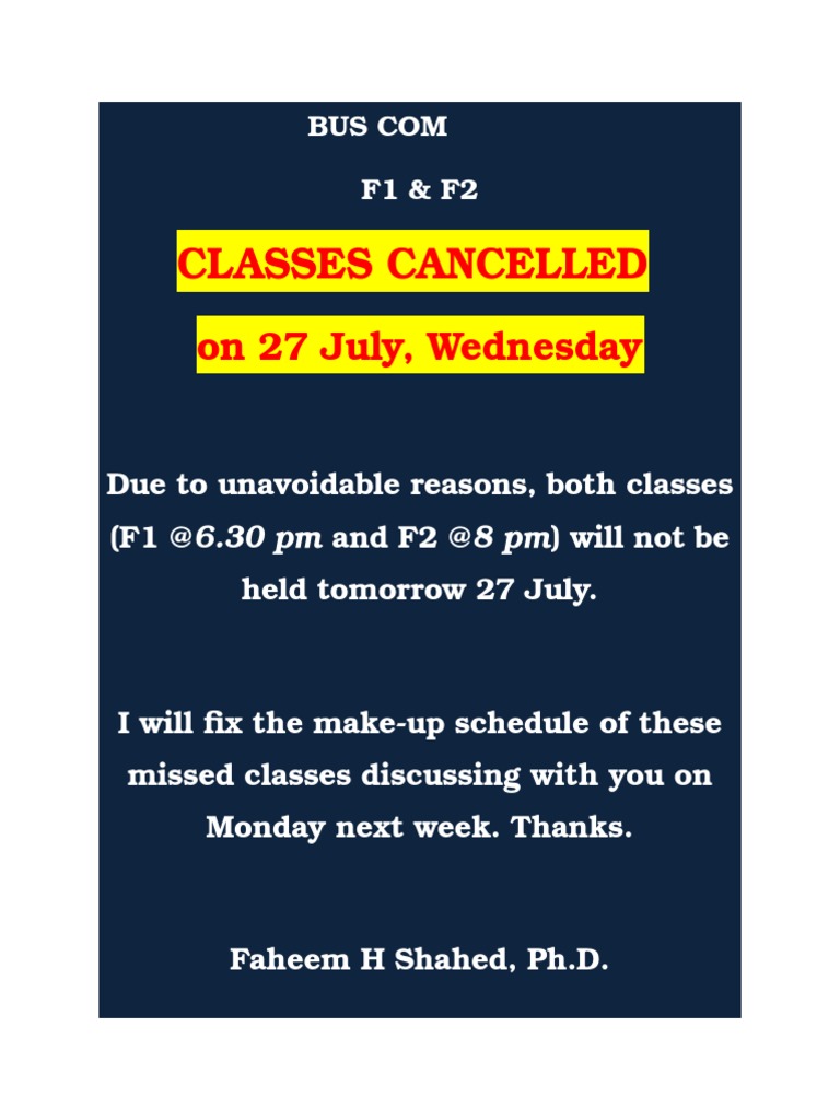 F1 & F2 Classes Cancelled on July 27 | PDF