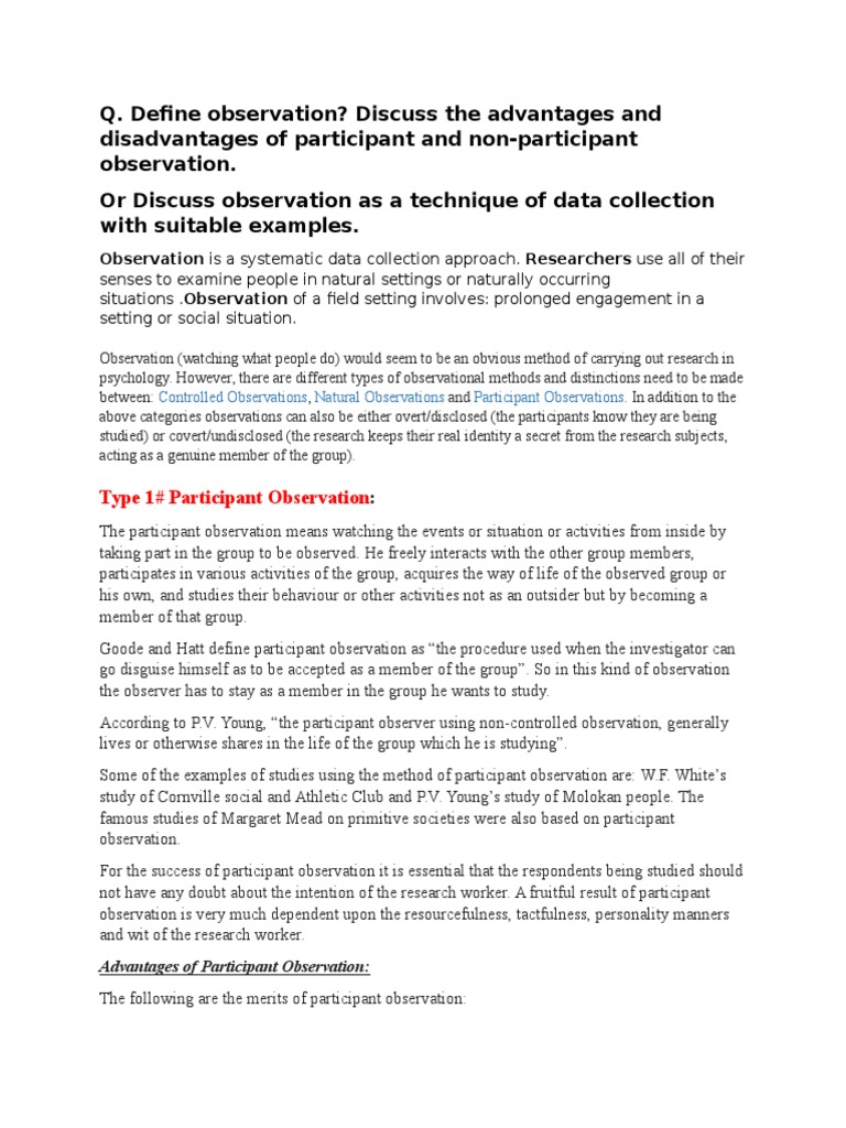 participant and non-participant observation. | Observation | Understanding