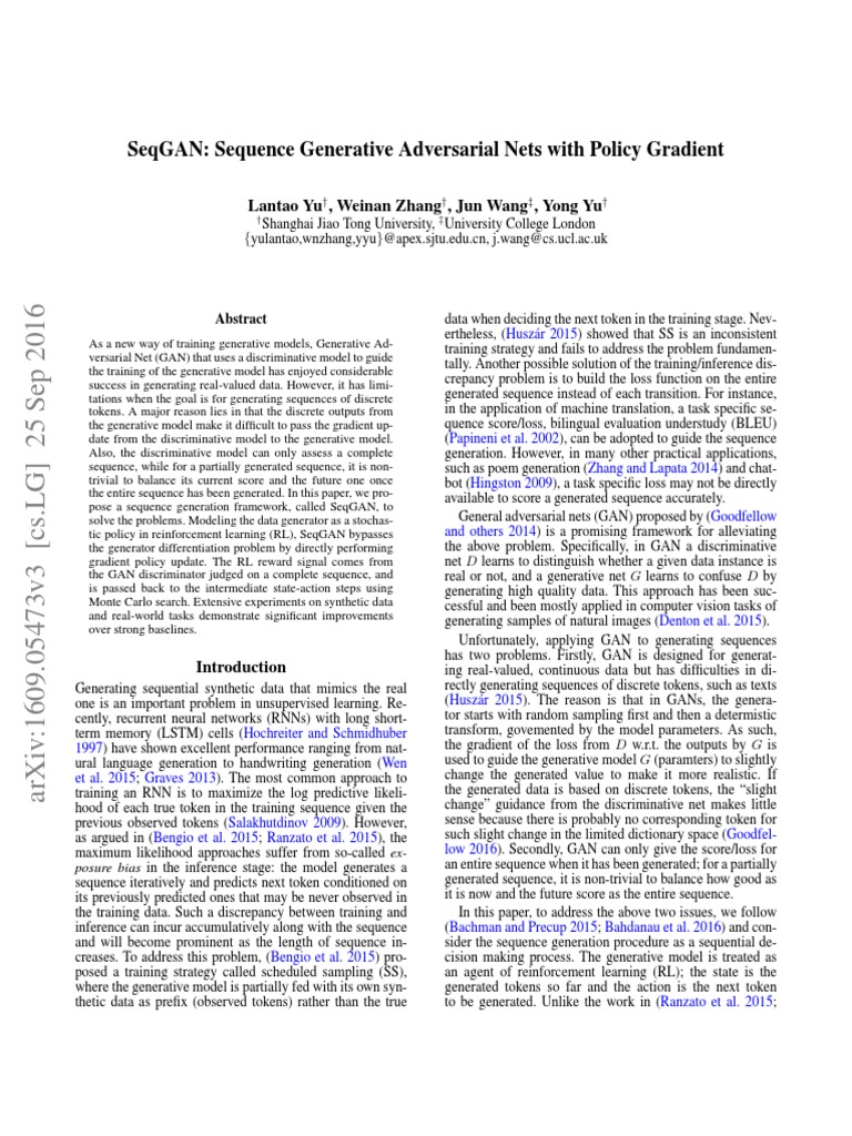 Seqgan Sequence Generative Adversarial Nets With Policy Gradient Pdf Deep Learning