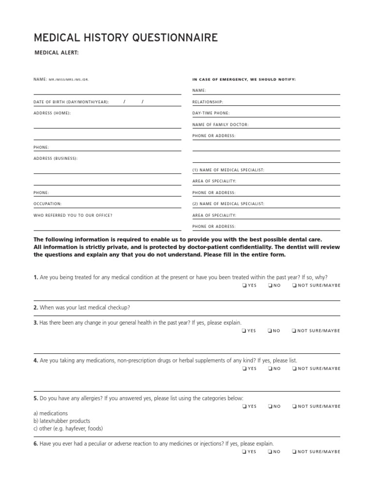 RCDSO Medical History Questionnaire | PDF | Heart | Cancer