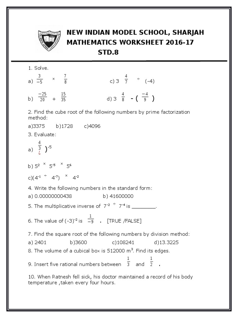 Maths Worksheet 8 | PDF
