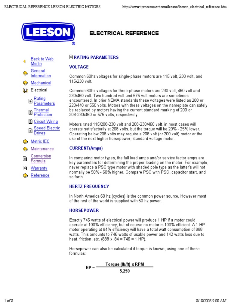 Motor Electrical Reference | PDF | Capacitor | Horsepower