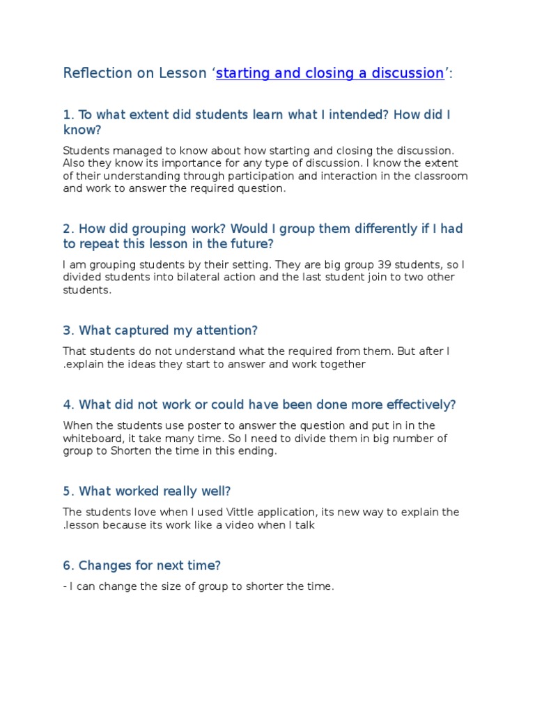 Reflection On Lesson - Starting and Closing Discussion | PDF