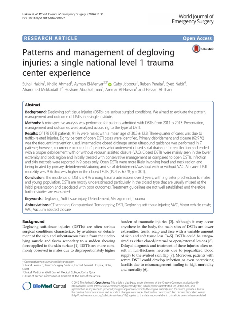 Patterns and Management of Degloving Injuries: A Single National Level 1 Trauma Center ...