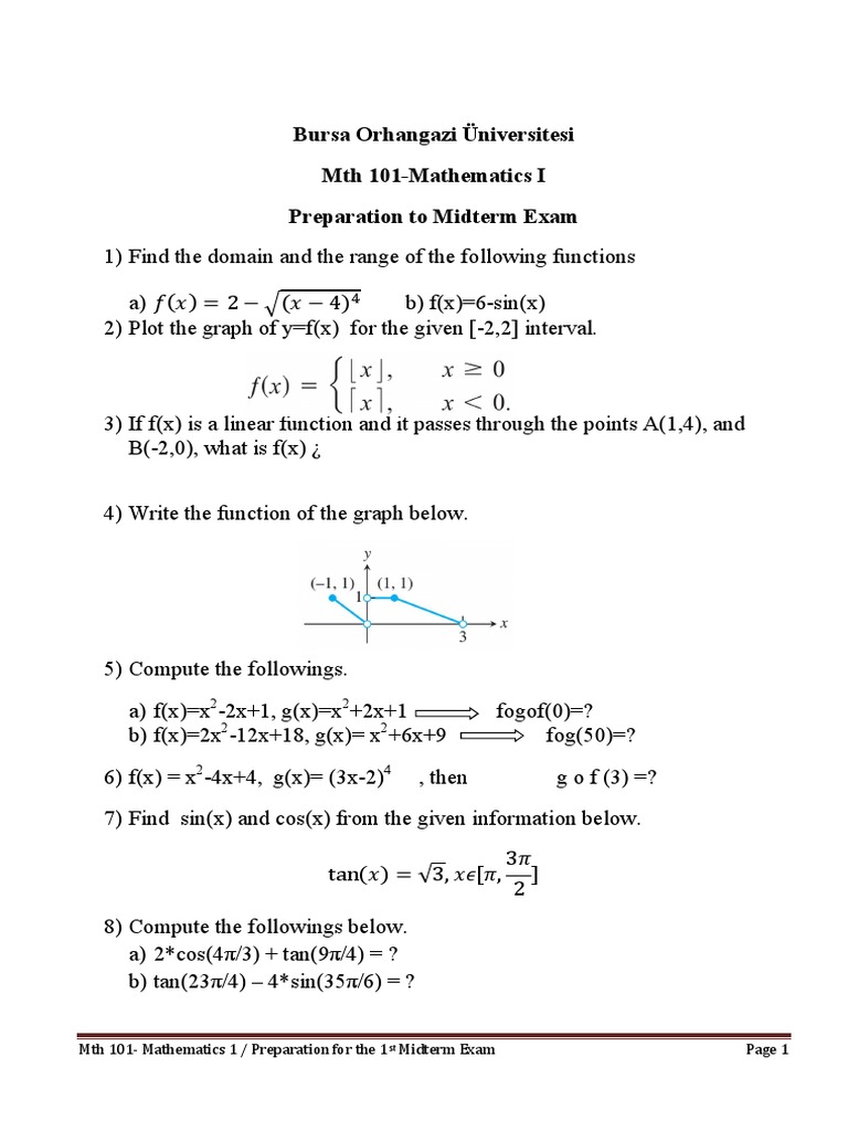 Mth 101 Mathematics 1 Preparation For The 1 Midterm Exam Pdf