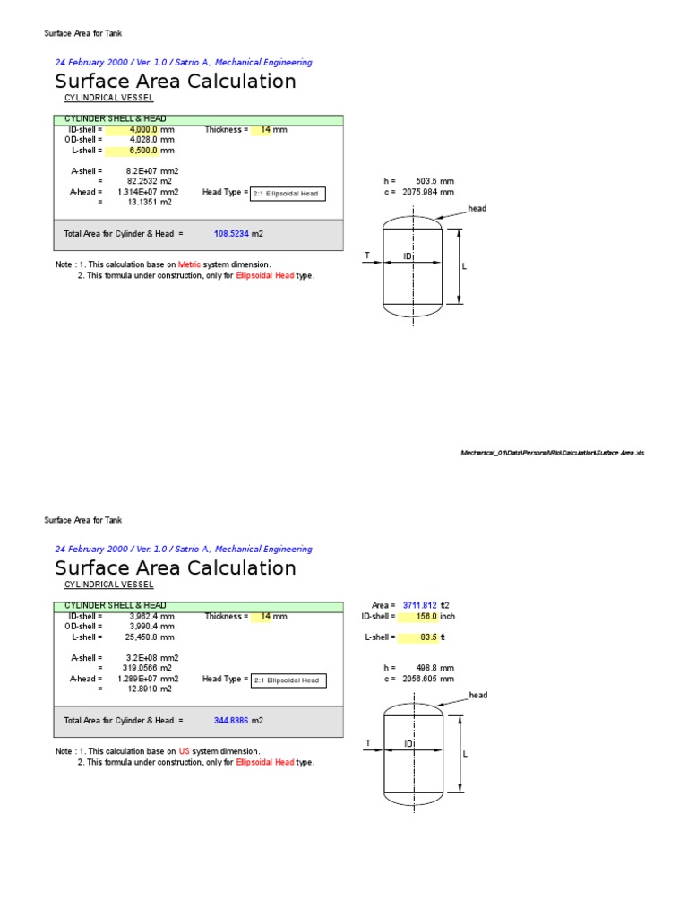 Tank Surface Area Calculation Guide | PDF
