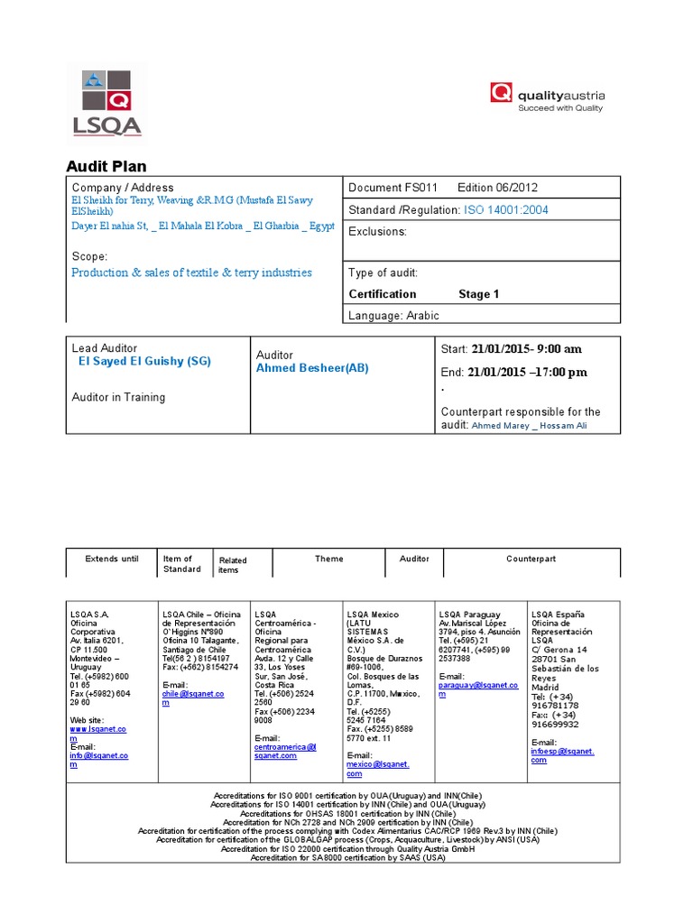 FS011 Audit Plan -Stage 1 | Internal Audit | Audit
