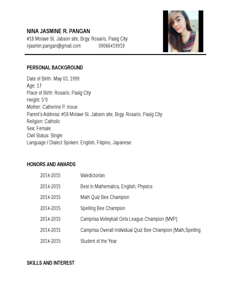 Resume of Nina Jasmin Pangan | PDF