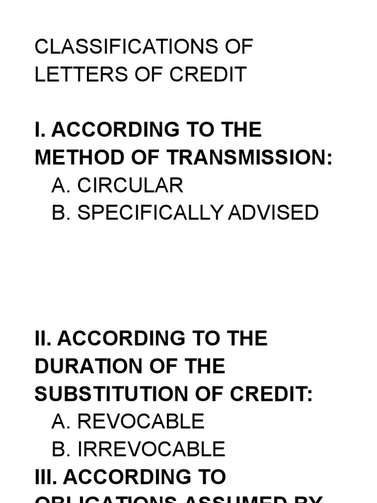 Classifications of Letters of Credit: I. According To The Method of ...