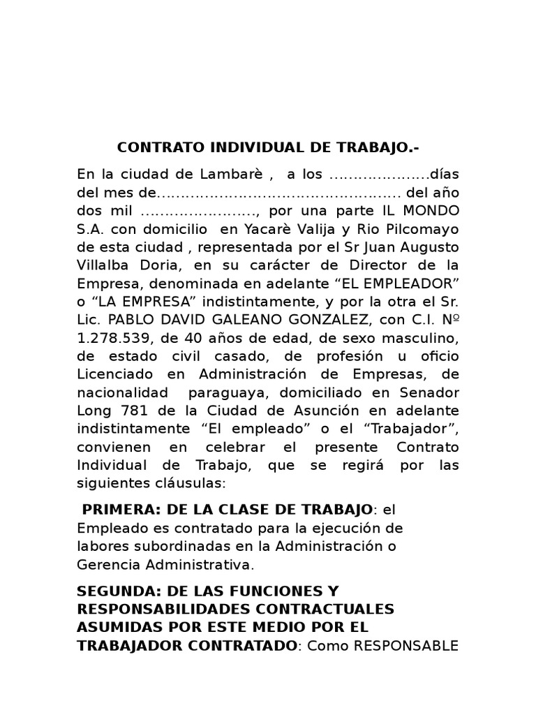Modelo de Contrato Laboral | Salary | Labour Law