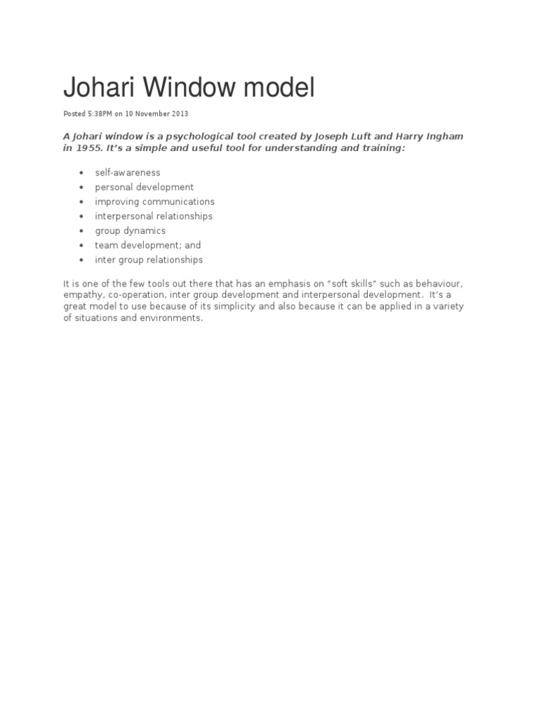 Johari Window Model | PDF | Self Awareness | Interpersonal Relationships