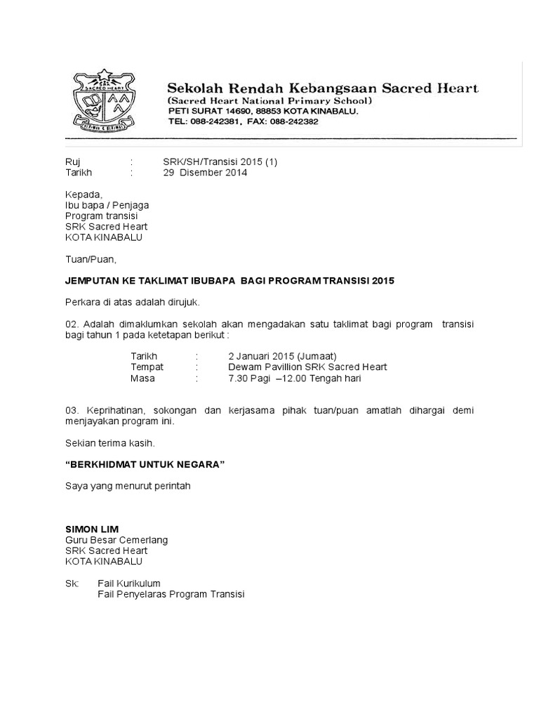 Surat Jemputan Ibu Bapa Transisi 2015 | PDF