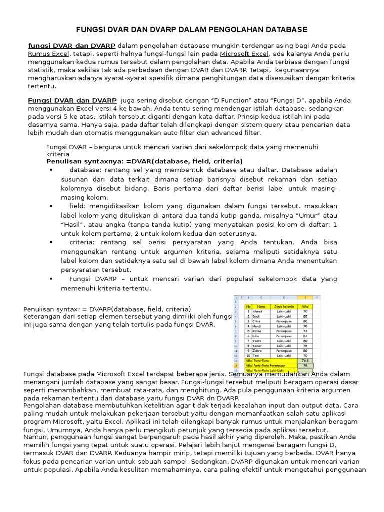 DVAR & DVARP: Fungsi Database Excel | PDF