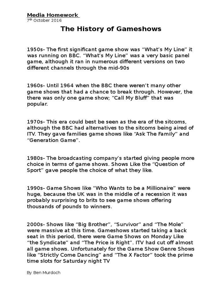 The History of Gameshows: Media Homework | PDF | Travel