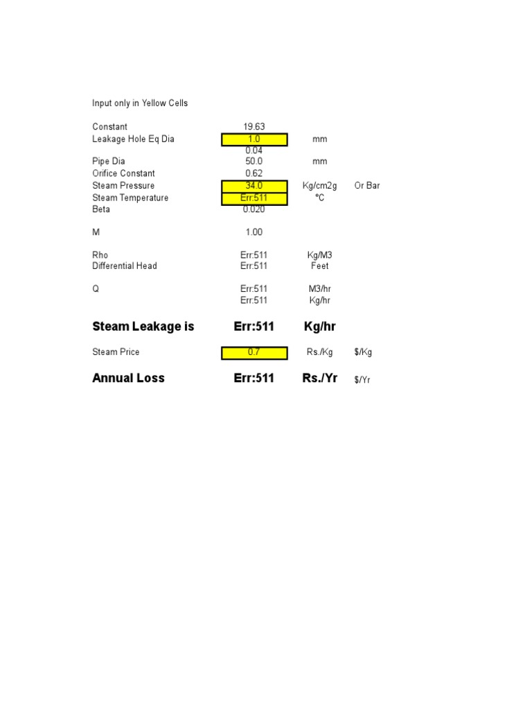 Excel Sheet for Calculating Steam Leakage Rate and Associated Annual ...