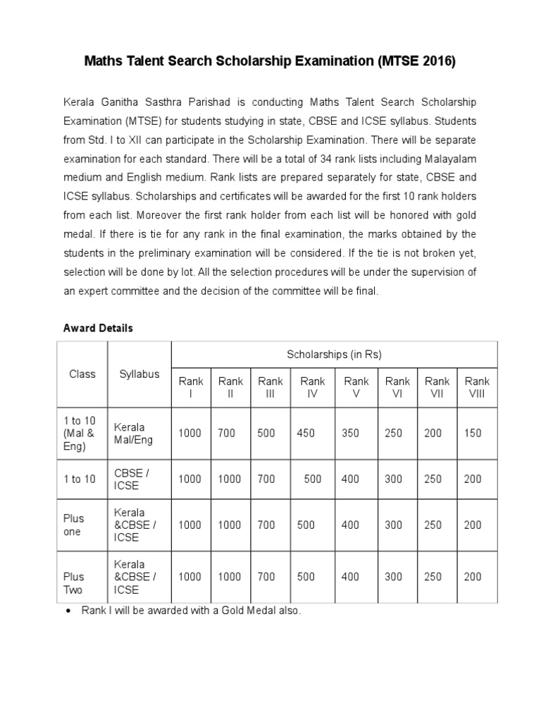 Maths Talent Search Scholarship Examination (MTSE 2016) : Award Details ...