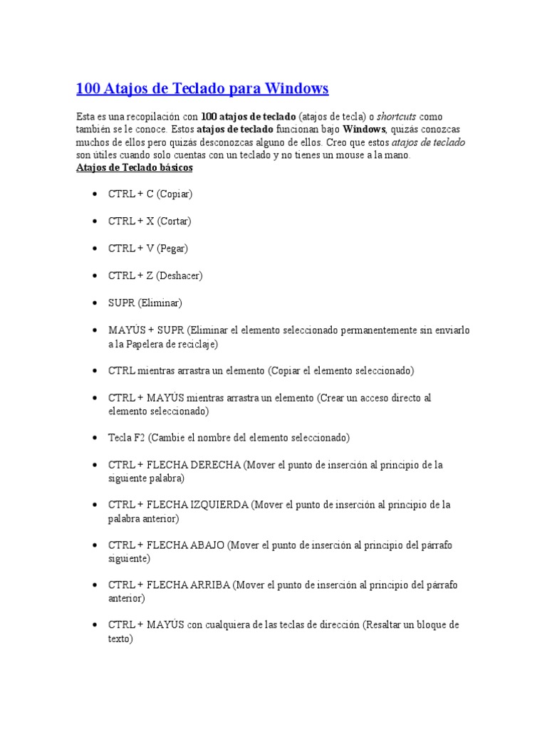 100 Atajos de Teclado para Windows | PDF | Ventana (informática ...