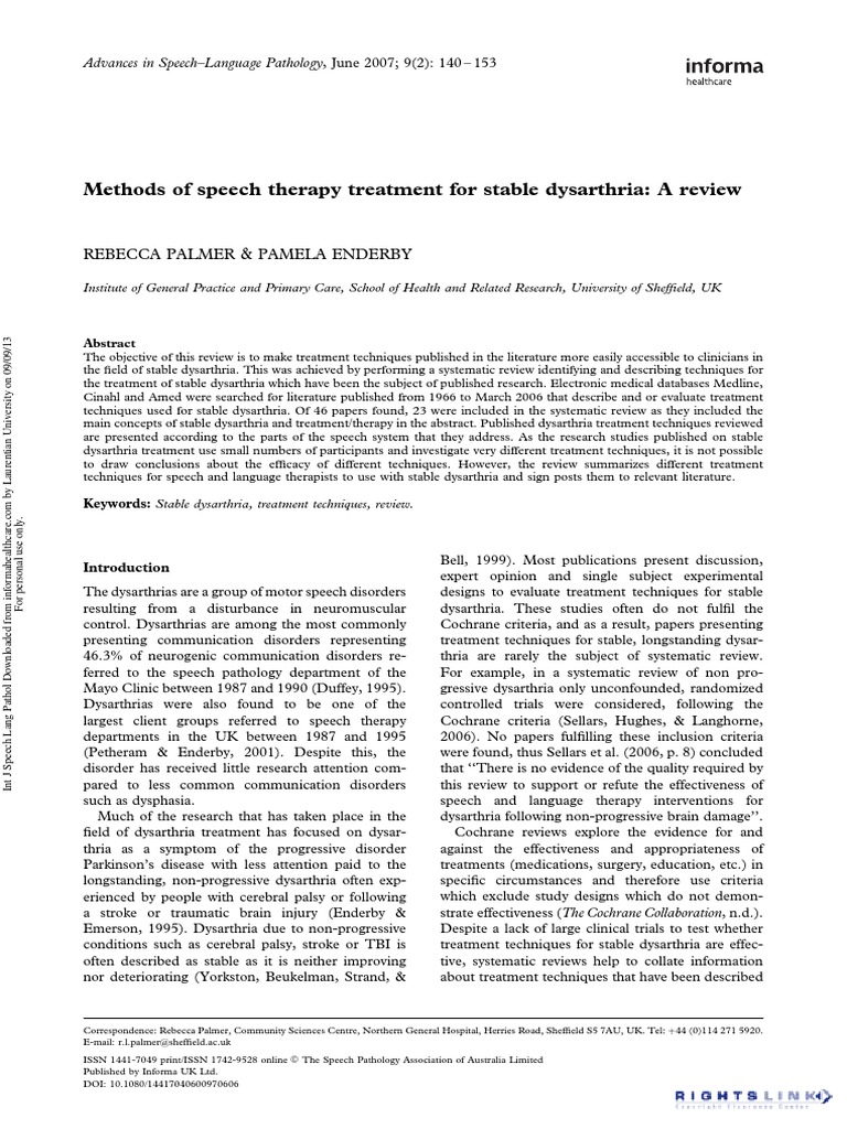 Methods of Speech Therapy Treatment For Stable Dysarthria A Review ...