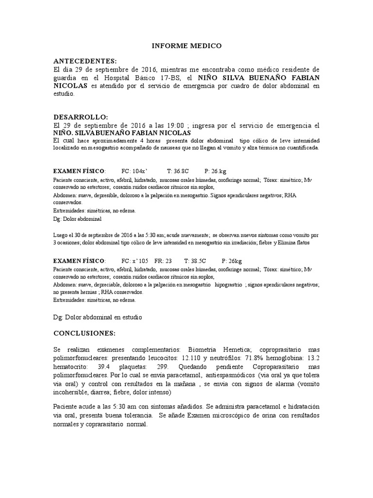 Informe Medico | PDF | Especialidades Medicas | Enfermedades y trastornos